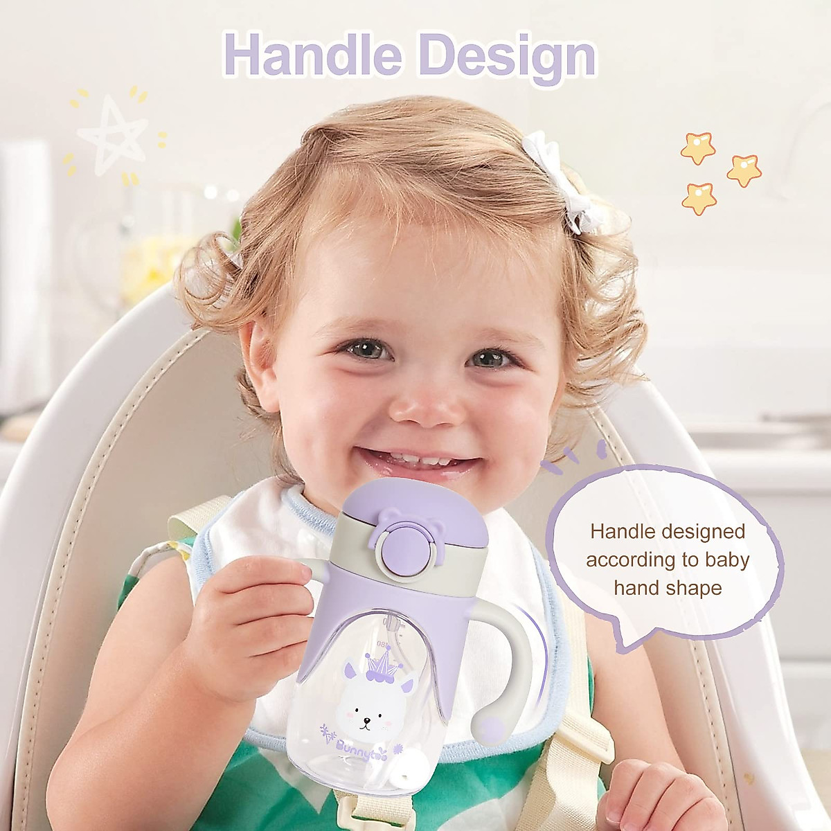 GreatKid Baby Sippy Cup with Weighted Straw - Ideal for 1+ Year Old and Transitioning Infants 6-12 Months - Spill-Proof and Easy to Hold with Handle - 8oz(Pruple｜Handle)