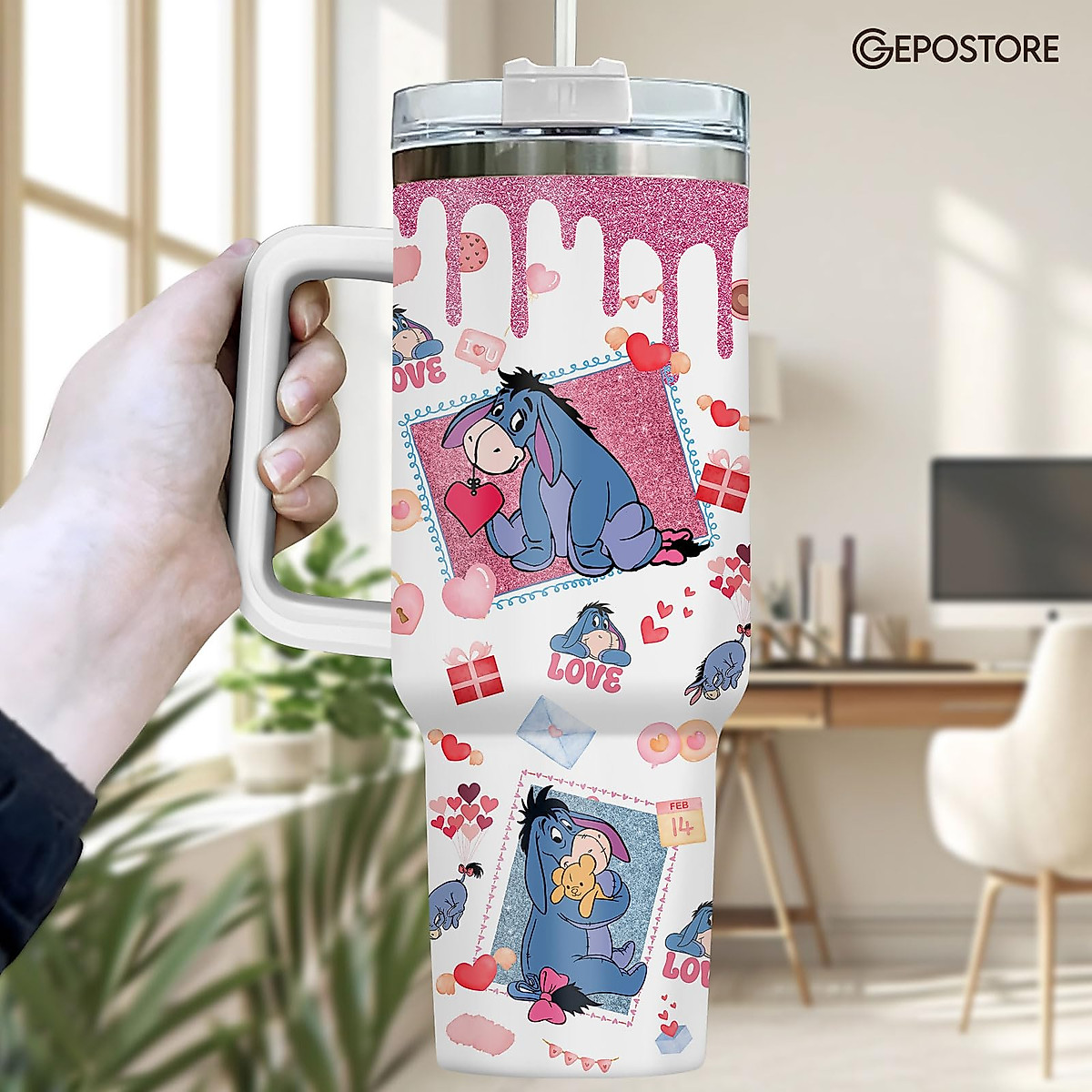 GEPOSTORE Valentines Gifts for Him Her, Blue Donkey 40 Oz Tumbler with Handle, Cartoon Tumblers Cup, Cartoon Mug, Gifts for Movies Fan