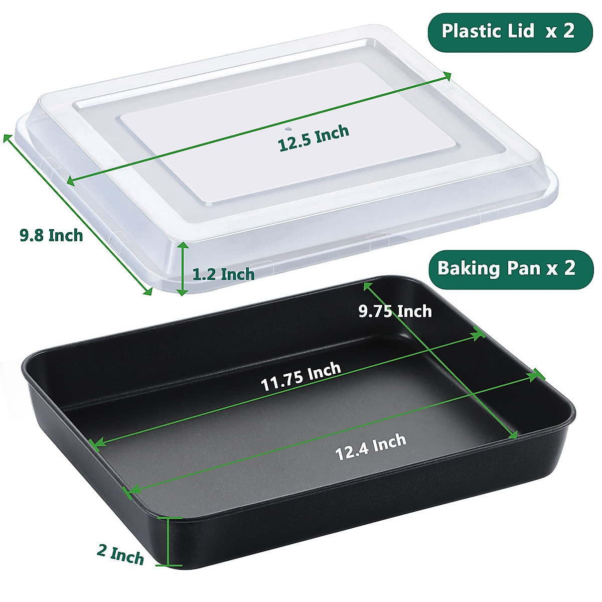 LIANYU 2 Pack Stainless Steel Baking Pan with Lid, 12⅖ x 9¾ x 2 Inch Lasagna Rectangle Cake Pan, Black Nonstick Bakeware for Brownie Bread Chicken, Stackable, Oven Safe