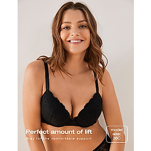 Deyllo Women’s Push Up Lace Bra Comfort Padded Underwire Bra Lift Up Add One Cup(Black,38C)