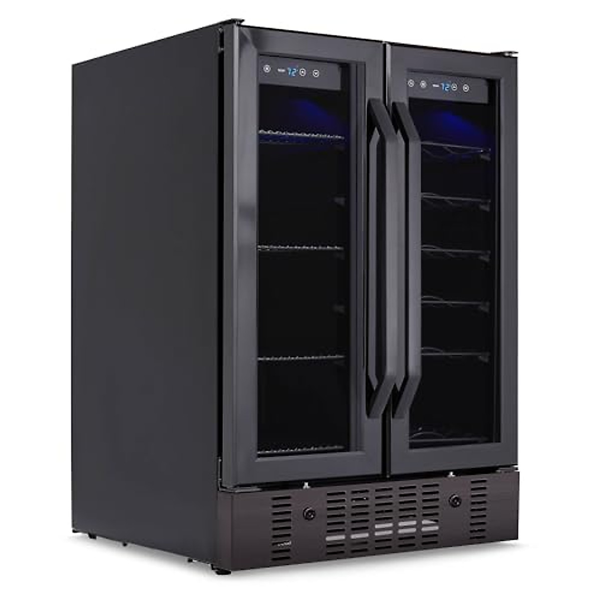 NewAir 24” Wine and Beverage Refrigerator and Cooler, 18 Bottle and 60 Can Capacity, Built-in Dual Zone Fridge in Black Stainless Steel with French Doors