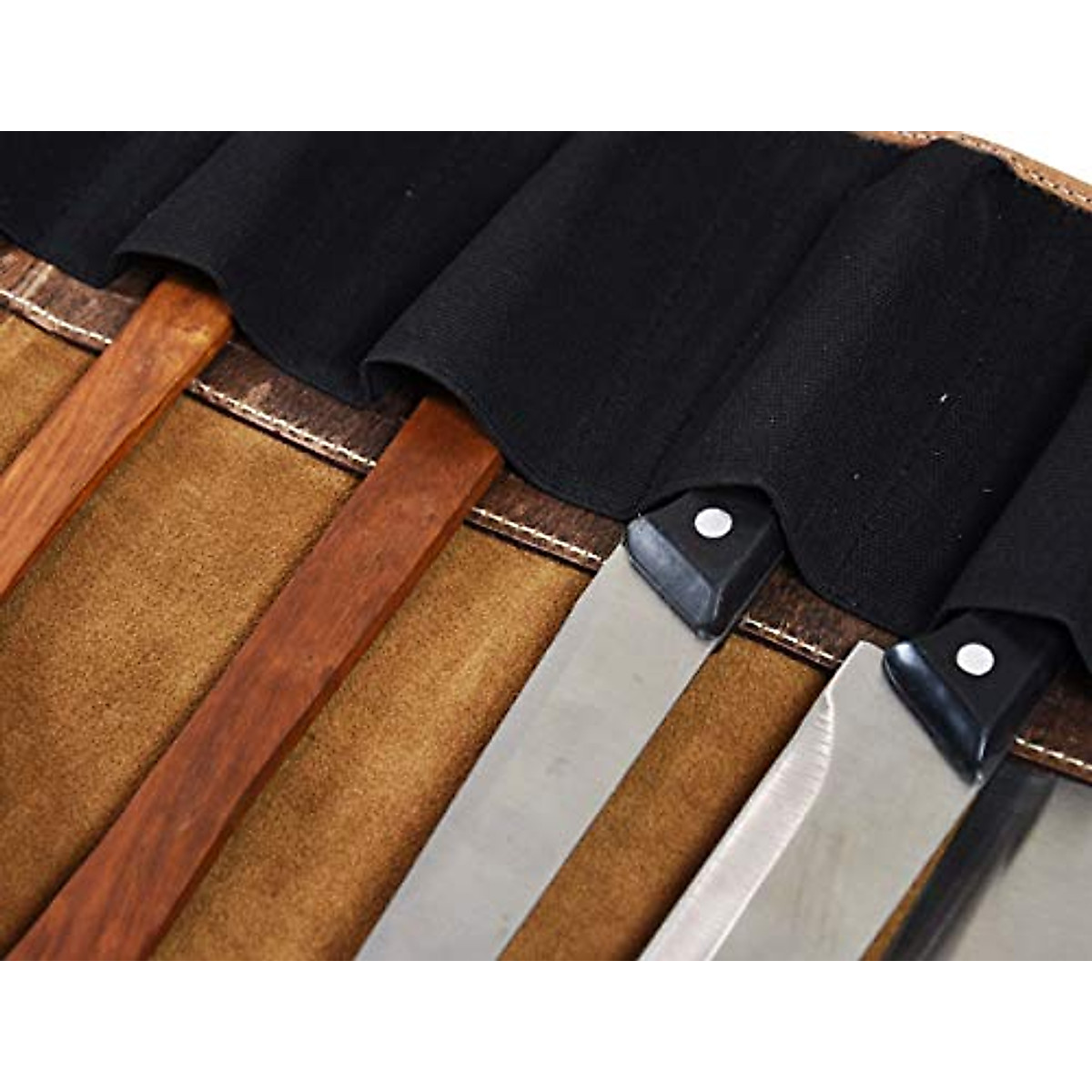 Leather Knife Roll Storage Bag, Elastic and Expandable 10 Pockets, Adjustable/Detachable Shoulder Strap, Travel-Friendly Chef Knife Case (Dark Brown, Leather)
