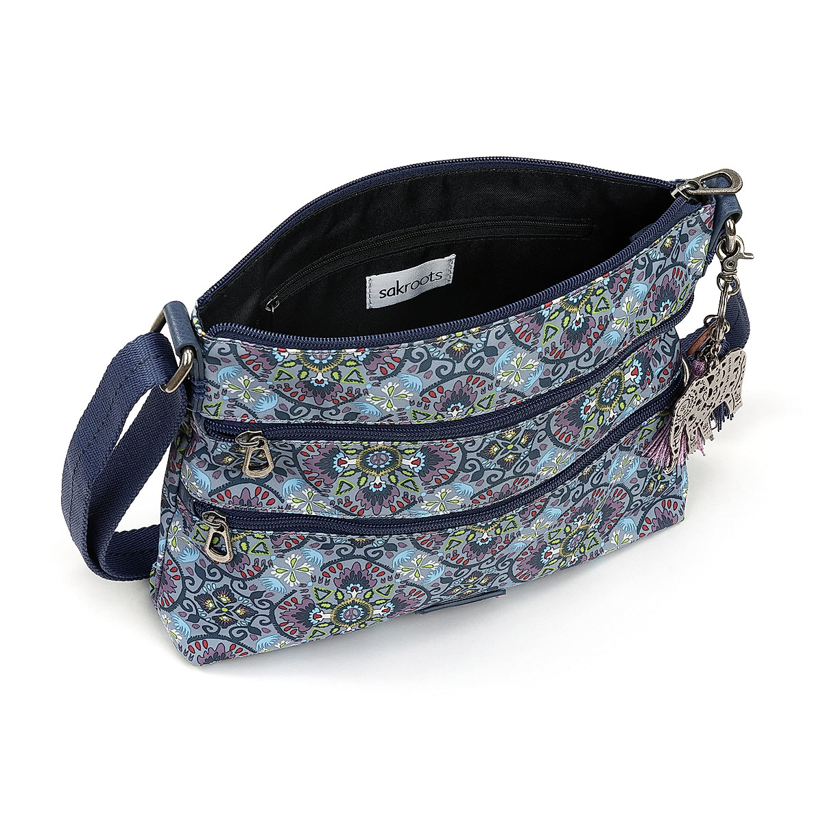 Sakroots Artist Circle Basic Crossbody in Eco Twill, Adjustable Crossbody Strap, Grey Mosaic World