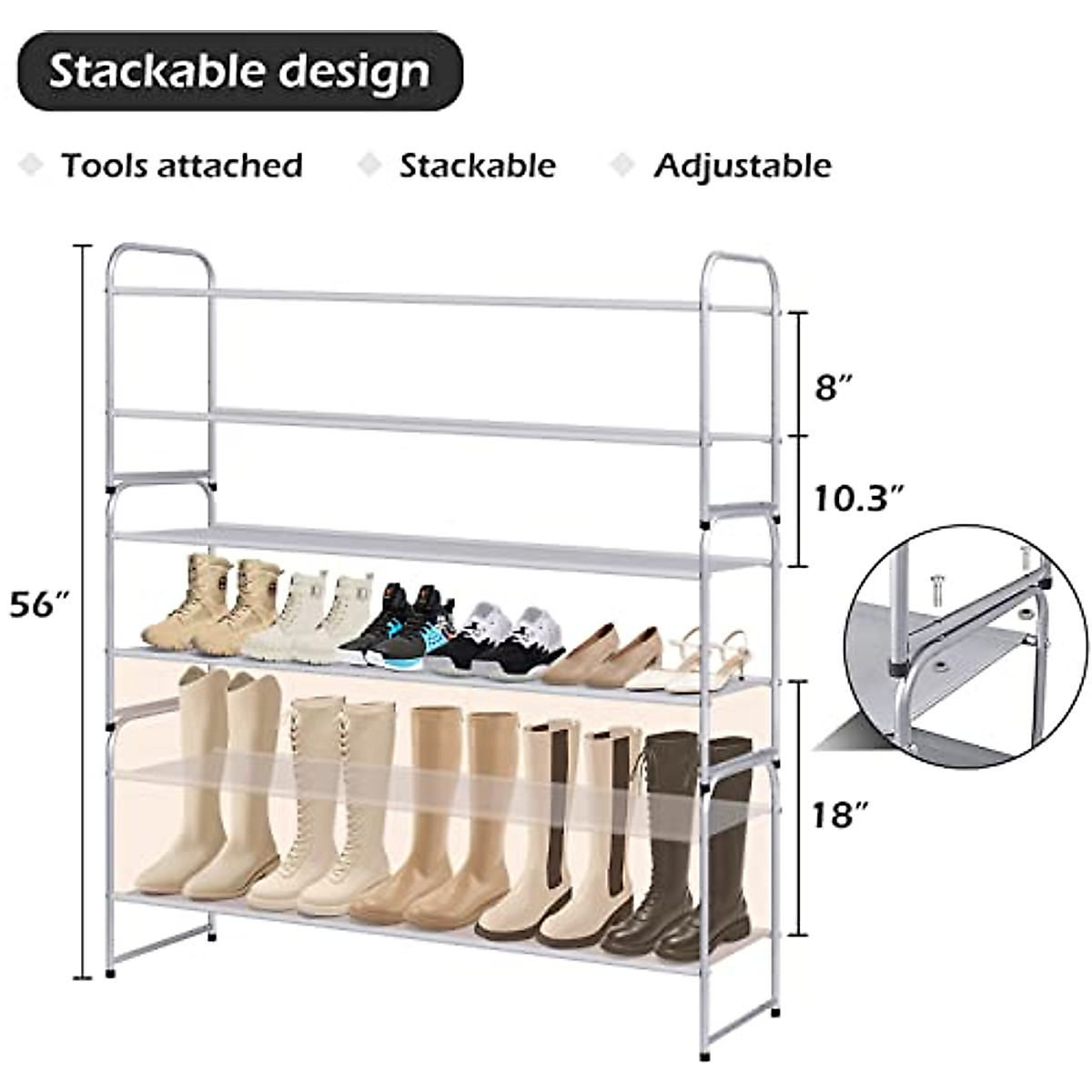 MISSLO 2 tier Long Shoe Rack for Closet Shoe Organizer Holds 18-Pairs, Wide Low Stackable Shoe Storage Shelf for Bedroom Floor, Men Boots, Women Heels, Kids Sneakers (Grey)