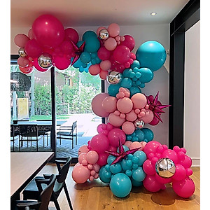 Enanal Alice Wonderland Balloon Garland Arch Kit, 144pcs Lake Blue Hot Pink Balloons with Chessboard Foil Balloons for Spring Tea Party Supplies Onederland First Birthday Baby Shower Decorations