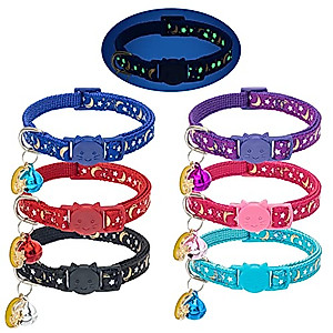 KOOLTAIL Cat Collar Breakaway with Bells - 6 Pack Glow in The Dark - Stars & Moon Charm Pendent Pet Reflective Collars Ideal for Kitten Cats Puppy