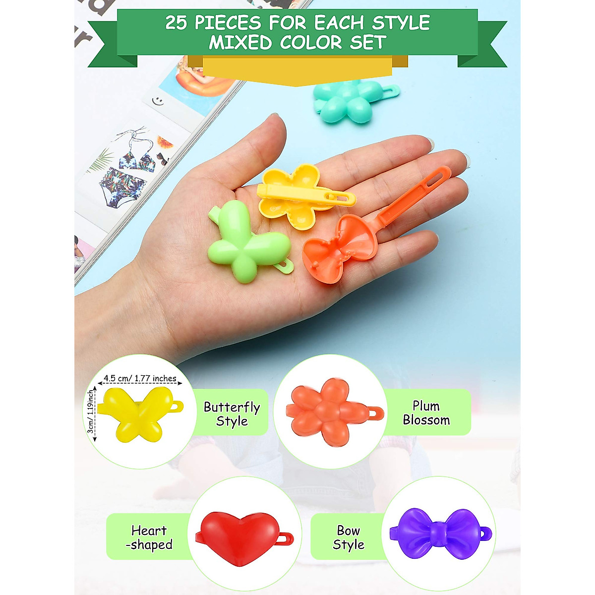 WILLBOND 100 Pieces Girls Hair Barrettes Self Hinge Plastic Clip Toddler Kids Baby 80s 90s Clip Colorful Cute Cartoon Hair Pin Accessories(Butterfly, Plum Blossom, Bow, Heart-shaped)