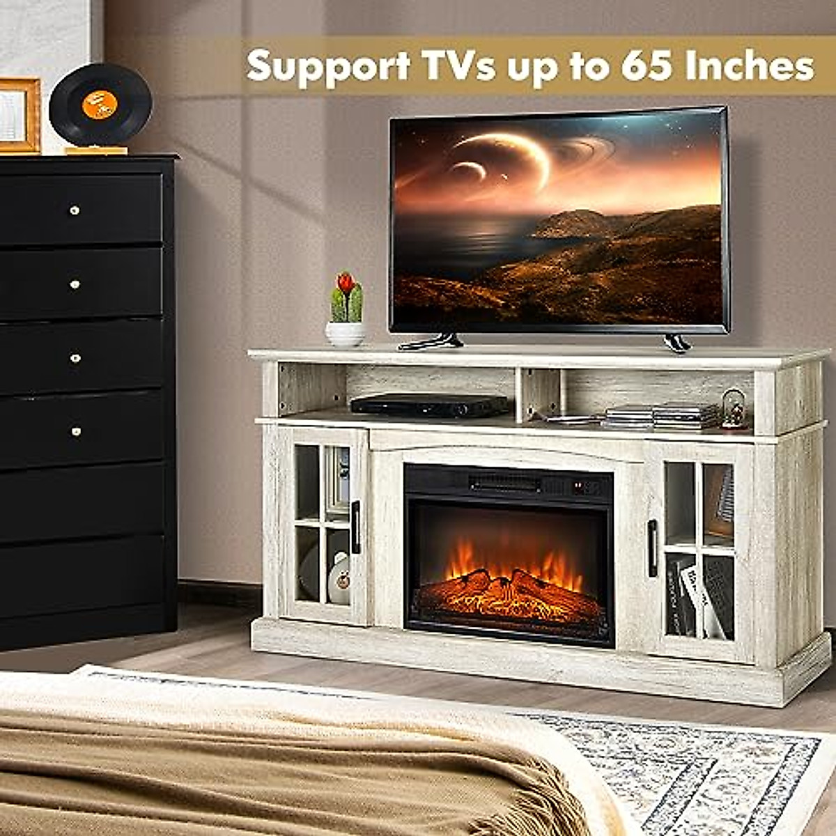 COSTWAY Electric Fireplace TV Stand for TVs Up to 65 Inches, 1400W Heater Insert with Remote Control, 6H Timer, 3-Level Flame, Overheat Protection and CSA Certification, Adjustable Shelves, Grey