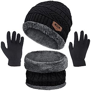 3 Pcs Boys Girls Winter Beanie Hat Scarf Gloves Set Thick Knitted Warm Toddler Winter Hat Mittens Neck Warmer for Kids Black
