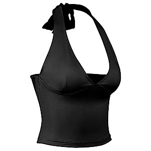 HOTOLP Halter Crop Tops for Women Sexy Deep V Neck Backless Going Out Tops Sleeveless Tie Back Cami Y2k Workout Tank Top (L Black)