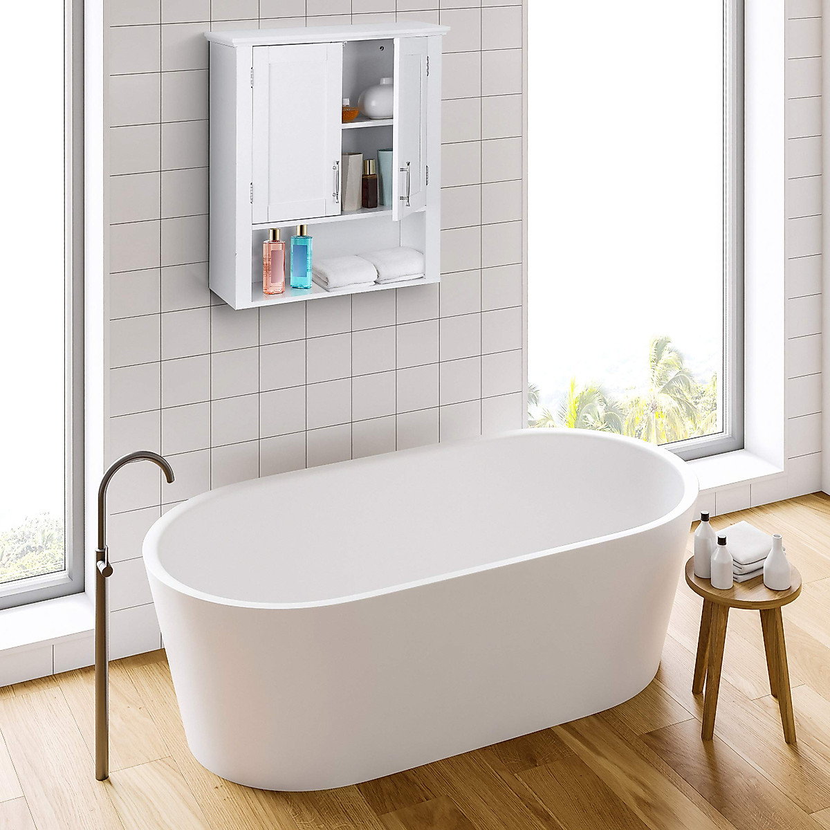 JupiterForce Bathroom Wall Cabinet Over The Toilet with 2 Doors and 3 Adjustable Shelves, Wall Mounted Medicine Cabinet for Bathroom, Living Room, Kitchen, White