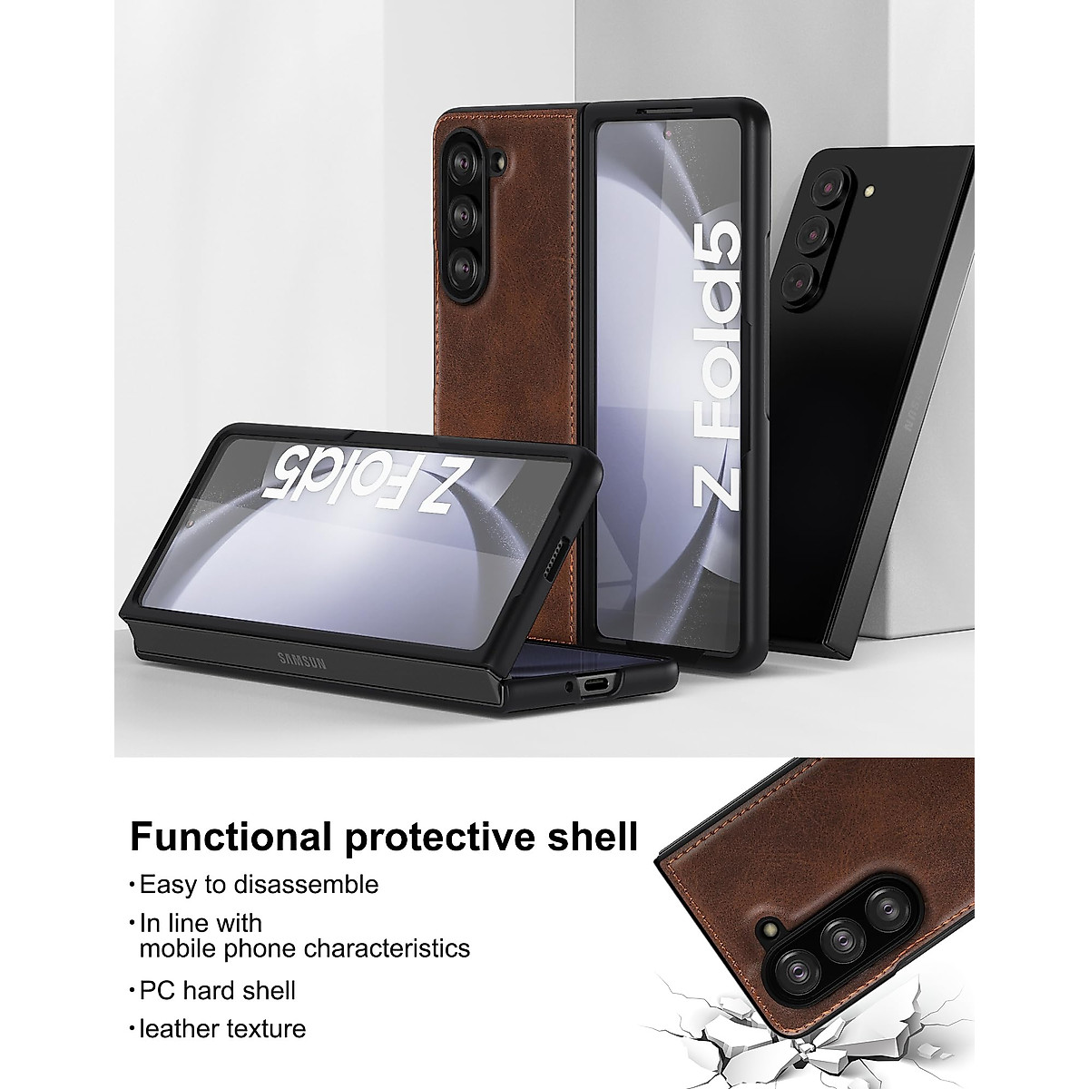 Foluu Case for Samsung Galaxy Z Fold 5, with Front Built-in Screen Protector, PU Leather + Hard PC Shell Ultra Thin Slim Durable Protective Phone Cover for Samsung Galaxy Z Fold5 5G 2023 (Brown)