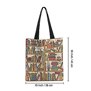 Moslion Book Tote Bag Cartoon Bookshelf with Cute Sleeping Cat Kitten in Library Canvas Bag Large Shoulder Handbag Reusable Shopping Bags for Women Girls School 15x16 Inch Brown