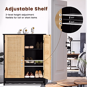 Iwell Storage Cabinet with Rattan Doors, Bathroom Storage Cabinet with Adjustable Shelf, Floor Cabinet for Living Room, Entryway, Kitchen, Home Office, Black