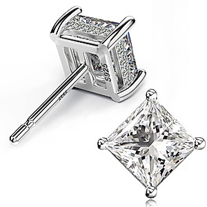 UNFAAR 18K White Gold Plated Sterling Silver Princess Cut Cubic Zirconia Stud Earrings Square CZ Diamond Stud Earrings for Women Men Hypoallergenic (6MM, Clear)