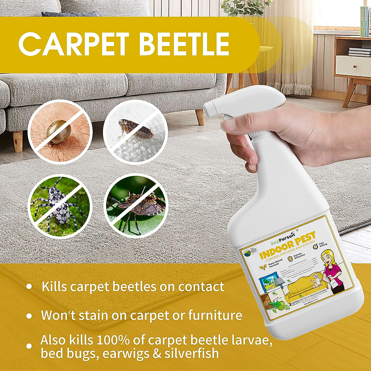 BugPursuit - 24oz Indoor Pest Control for Ant, Fly, Flea,Tick, Roach, Spider, Moth, Carpet Beetle and More, Plant Based Insect Killer for Home & Kitchen Use, Natural Solution, Pets & Family Safe