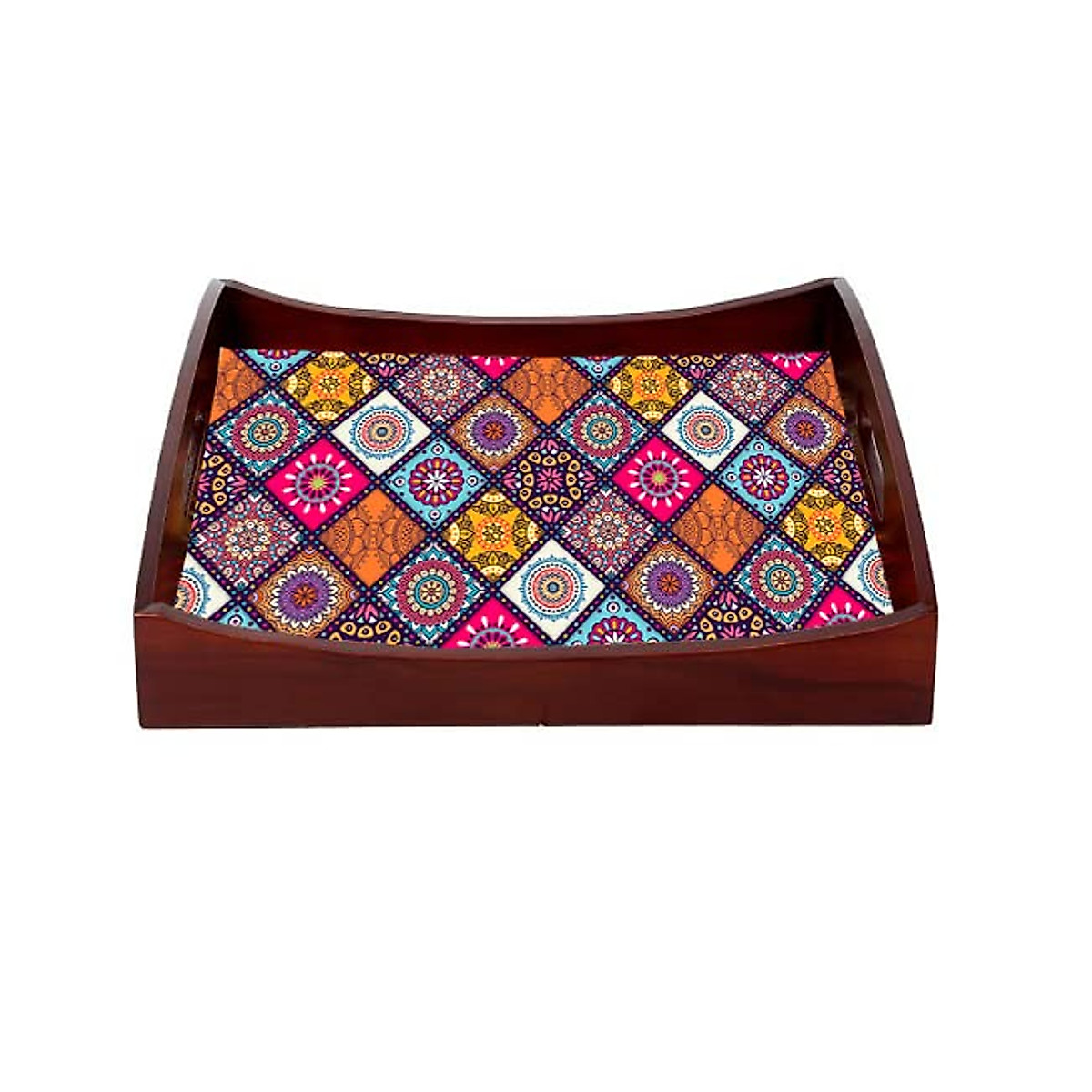 Mandala Printed Wood Serving Tray with Handles, Wooden Serving Tray, Snack Tray, Breakfast Tray, Great for, Breakfast, Coffee Tables, Homes, Restaurant Size- 15" x 10" x 1.75"