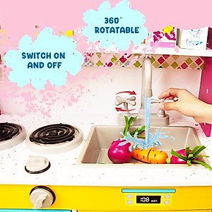 WoodenEdu Kitchen Playset for Kids Ages 3-8, Wooden Pretend Play Kitchen, Including Telephone, Ice Maker, Refrigerator, Dimensions: 35” H x 31” W x 12” D (Colorful)