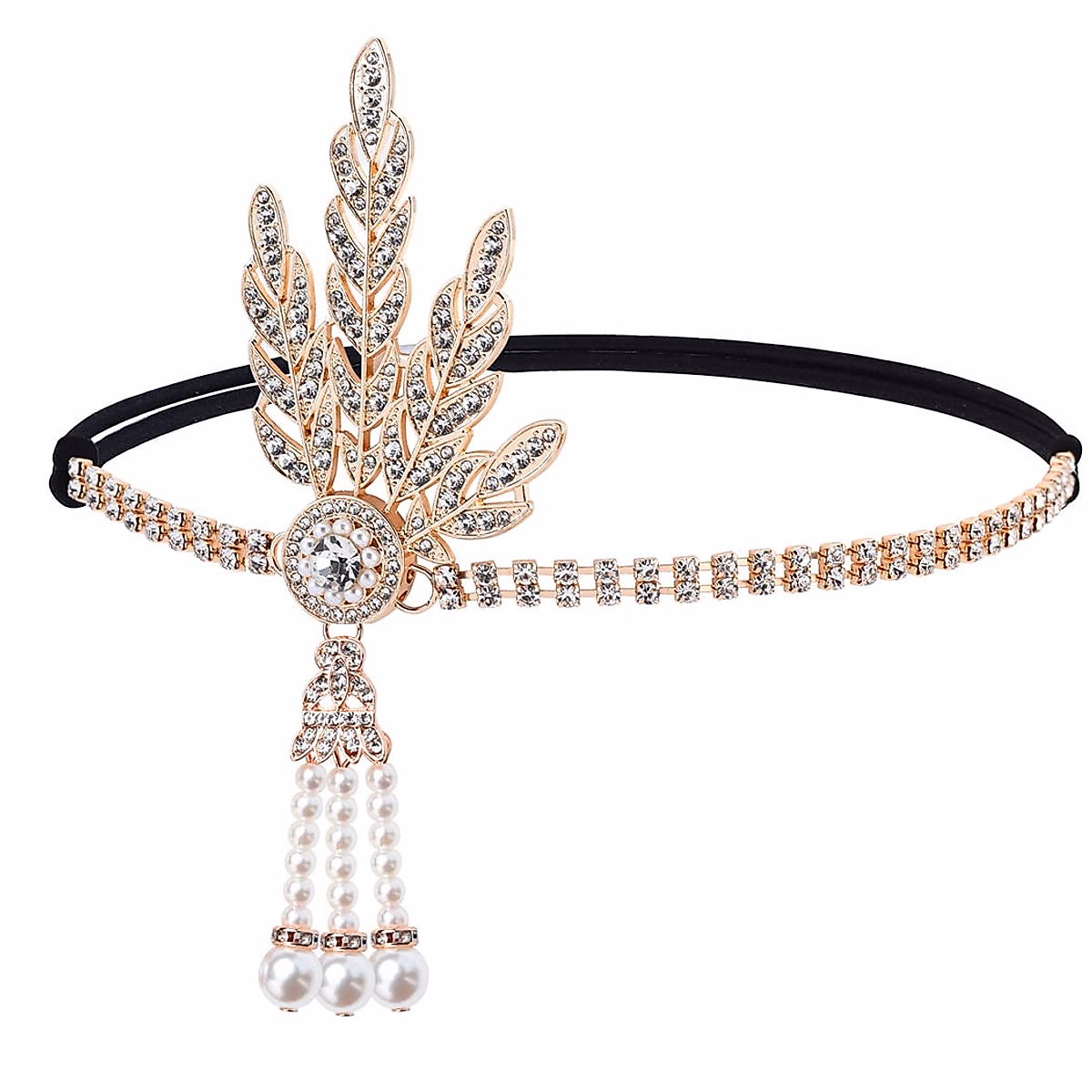 GORTIN 1920's Flapper Headband Leaf Rhiestones Headpiece Pearl Tassel Bride Wedding Headdress Head Bands Bridal Flapper Hair Accessories Head Chain for Women and Girls (Gold)