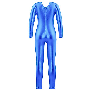 easyforever Kids Girls One Piece Long Sleeves Full Body Footless Gymnastics Ballet Dance Leotard Jumpsuit Royal Blue Shiny Metallic 4 Years