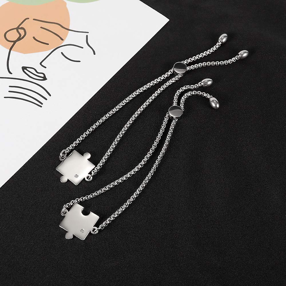 1 Pair Puzzle Piece Bracelets Matching Couples Stainless Steel CZ Crystals Stacking Adjustable Simple Link Dainty Charm Hypoallergenic for Him And Her Valentine's Day Fashion Gifts