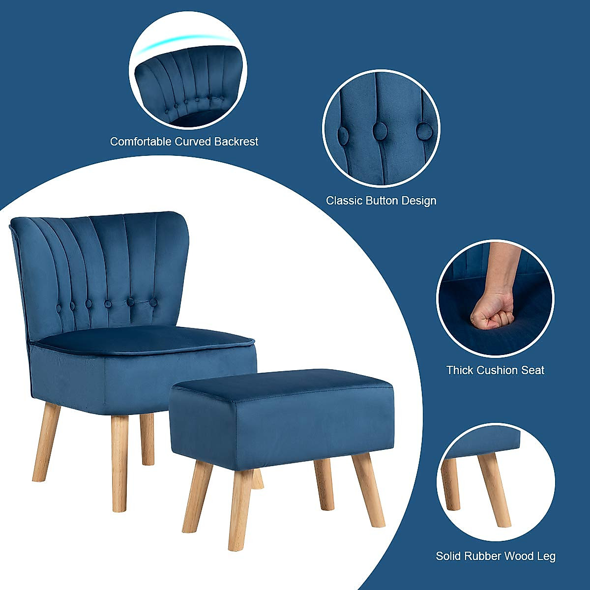 Giantex Modern Accent Chair Ottoman Set, Armless Slipper Sofa Chair with Footstool, Velvet Upholstered, Button Tufted, Single Chair and Ottoman for Living Room/Bedroom/Home Office (Blue)