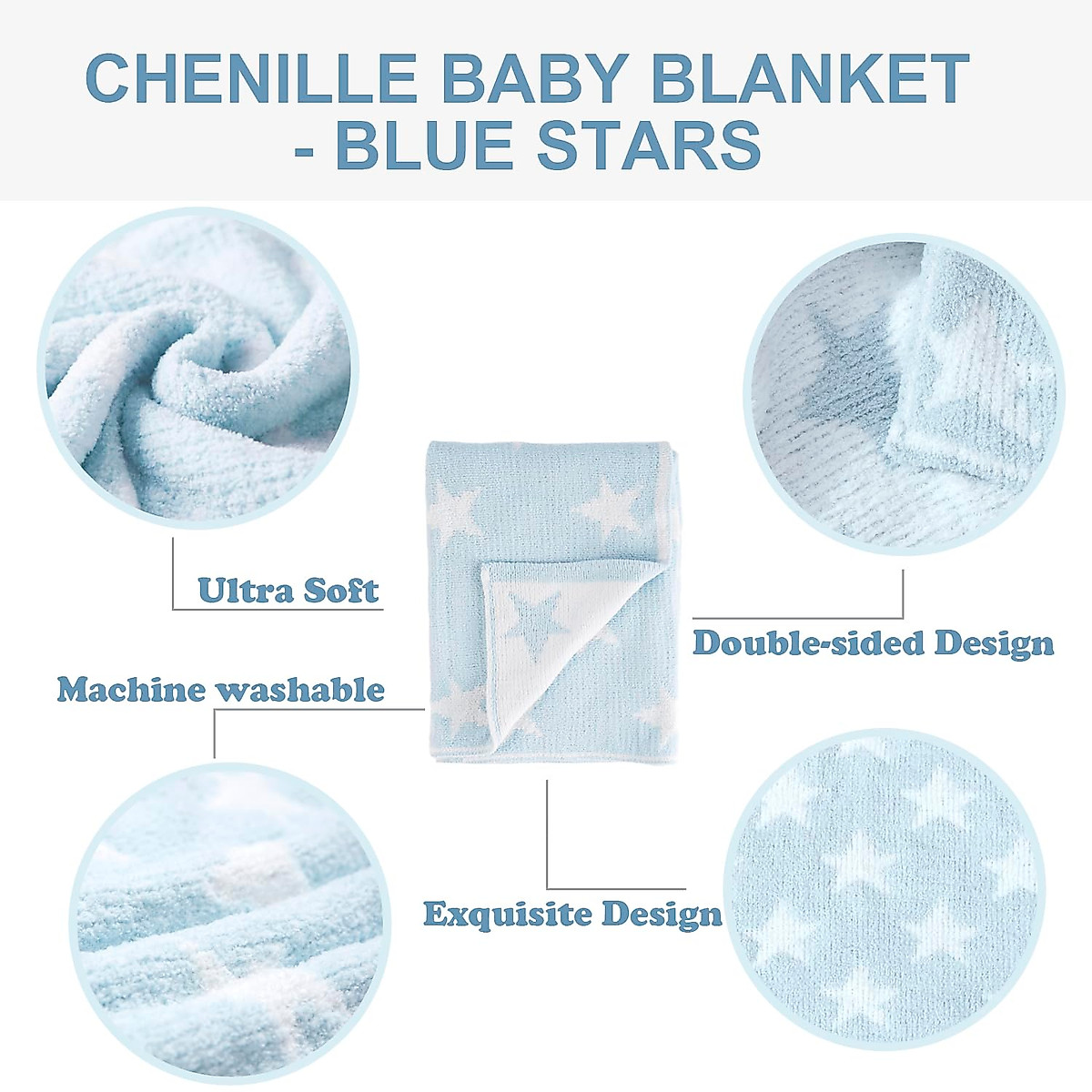 Little Grape Land Chenille Baby Blanket,Baby Blankets for Boys Gilrs Newborn,Soft Fuzzy Warm Swaddle Receiving Blanket Toddler Blanker for Crib Stroller Infant Nursery,40x30 Inches(Blue Stars)