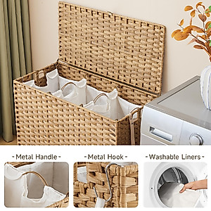 Laundry Hamper with Wheels, 52.8 Gallon(200L) Rolling Laundry Basket with Lid, 3-Section Rattan Clothes Hamper with 3 Removable Liner & 3 Mesh Laundry Bags, Laundry Sorter with Side Pocket, Natural