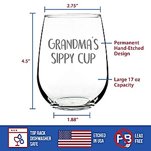 Grandma's Sippy Cup - Stemless Wine Glass Gift for Grandmothers - Cute Birthday Glasses - Large 17 Oz
