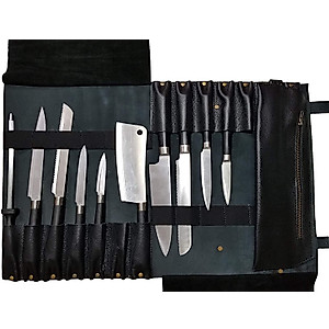 Heritage Handikrafts Genuine Lightweight Premium Leather Professional Black Chef Knife Bag/Chef Knife Roll 14 Slots Space