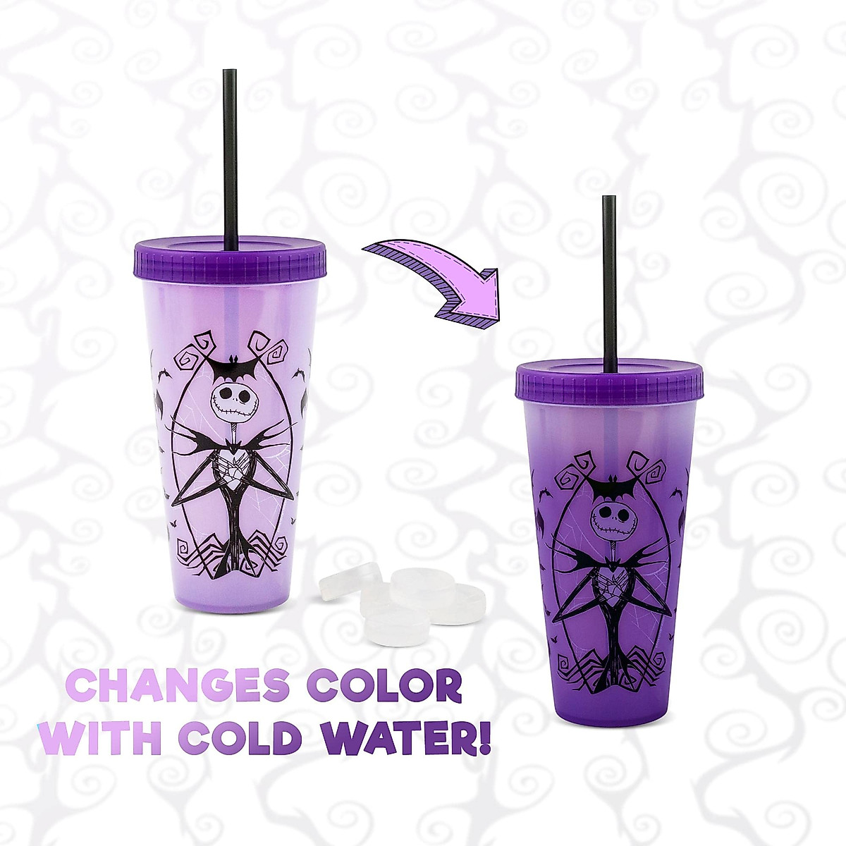 Toynk Disney The Nightmare Before Christmas Jack Skellington Color-Changing Plastic Travel Tumbler | Includes Reusable Straw, Leak-Resistant Lid, Fake Ice Cubes | Holds 24 Ounces