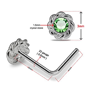 20 Pieces Box Set of Mix Colored Jeweled Twisted Flower Top 22 Gauge 925 Sterling Silver L Shape Nose Stud