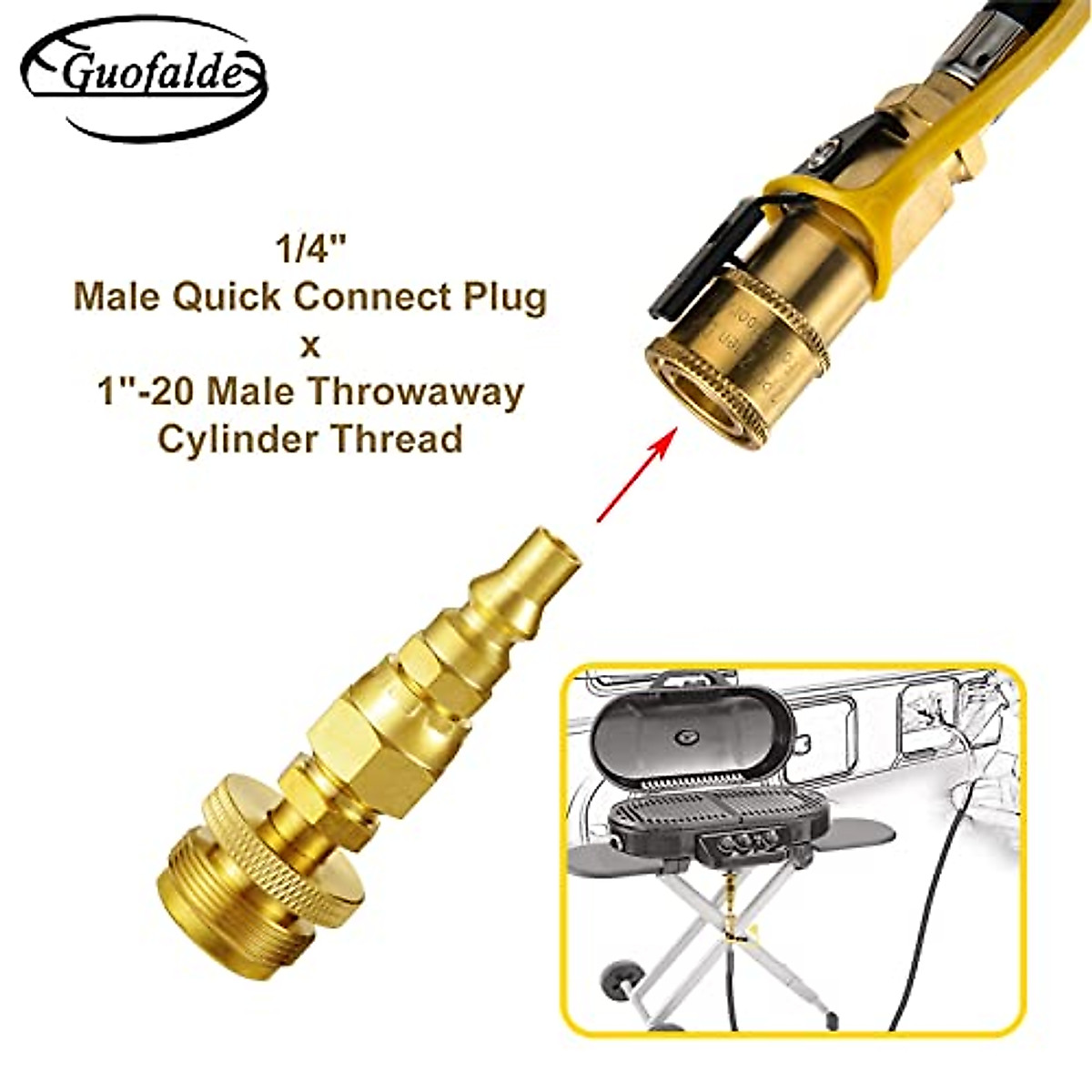 GUOFALDE 1Lb Propane Disposal Adapter Fitting with 1/4" Quick Connect Disconnect Plug，with 1/4’’ Male 1" x 20 Male Throwaway Cylinder Thread, for Convert Portable BBQ Grill, Bubby Heater