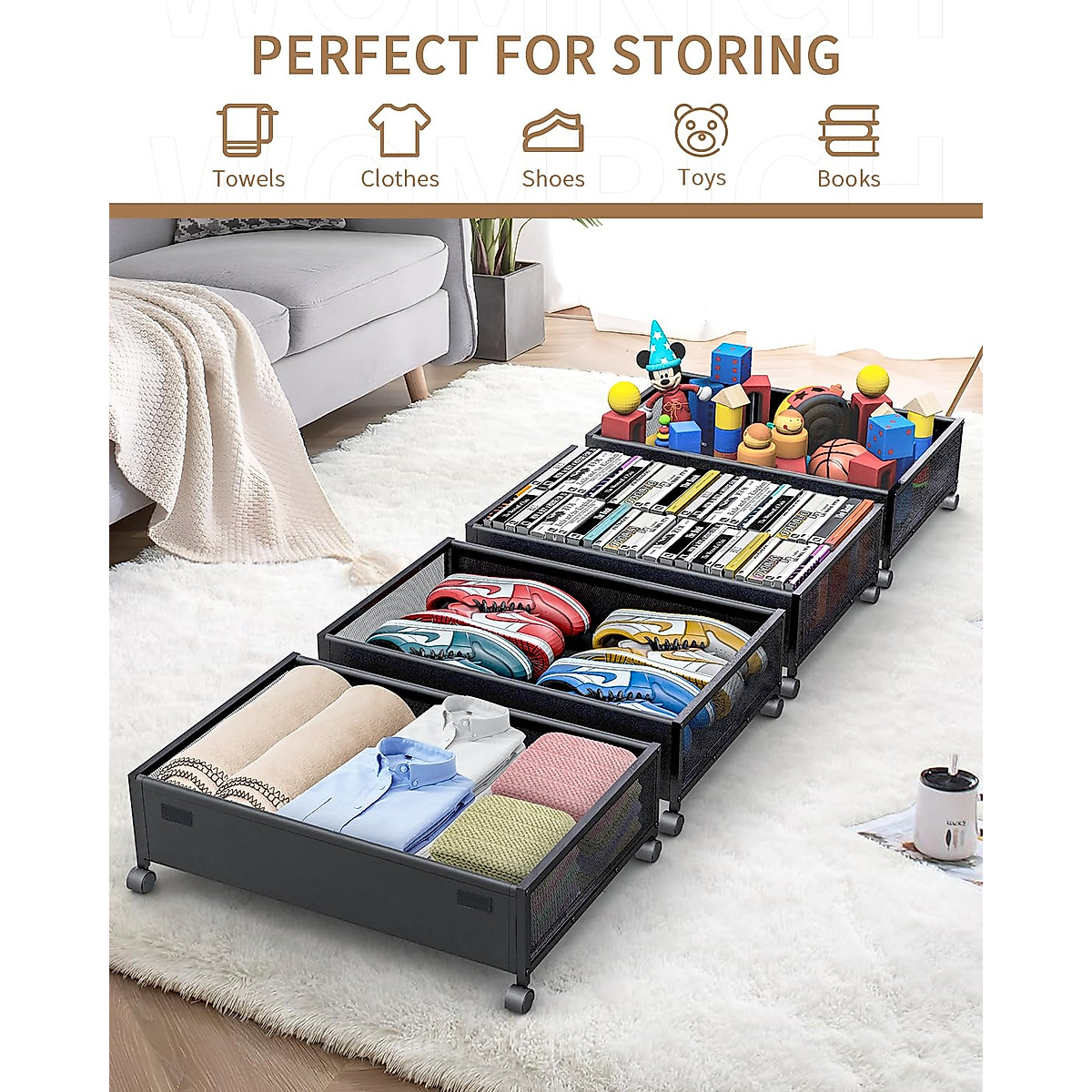 WOMRICH Under Bed Storage Containers with Wheels, Under Bed Shoe Storage, Under the Bed Storage Drawers Bins, Extra Large Under Bed Rolling Storage Organizer for Bedroom, 2 Packs Black