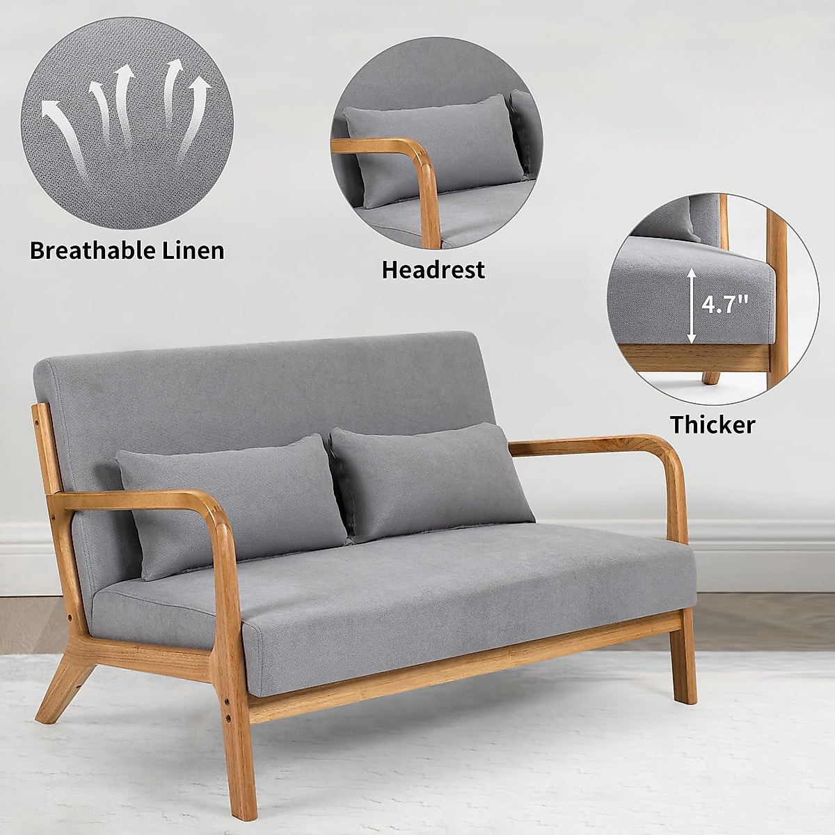 50" Loveseat Sofa Mid-Century Modern with Solid Wood Accent Chair with 2 Waist Pillows, Leisure 2 Person Couch Love seat for Living Room Office Bedroom Apartment Small Spaces, Light Gray