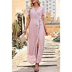 PRETTYGARDEN Women's Summer Maxi Glitter Dress Wrap V Neck Ruffle Sleeve Cocktail Party Long Dresses with Slit (Pink,X-Large)
