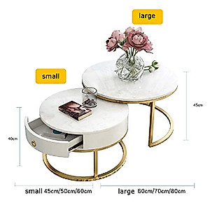 Round Nesting Coffee Table Two-Piece Living Room Coffee Table, Golden Frame Slate Coffee Table with Drawers, Suitable for Small Storage Table in Living Room Office Balcony