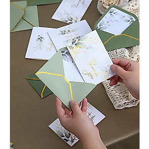 Winoo Design 100 PK Luxurious Gold Thank You Cards with Envelopes Bulk Sage Green - 5x3.5 Inches Wedding Thank You Notes Baby Shower Greenery Bridal Shower Small Business