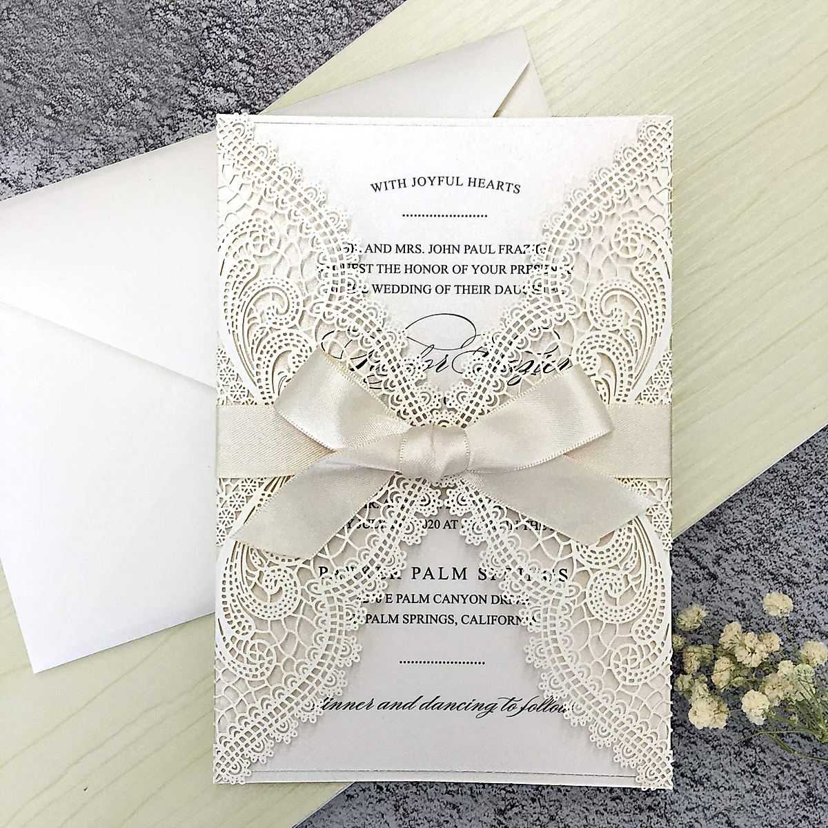 Picky Bride 25pcs 5x7 Wedding Invitations with Envelopes, Laser Cut Lace Hollow with Elegant Ribbons, for Wedding Bridal Shower Engagement Birthday Party Invite, Ivory