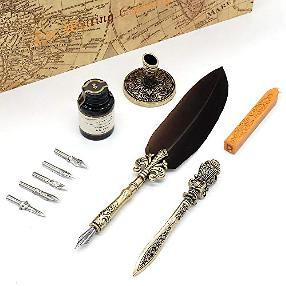 GC QUILL Feather Pen and Ink Set, Calligraphy Quill Pen with Metal Letter Opener Pen Holder 6 Nibs 1 Dip Ink and 1 Sealing Wax Gift for Kids Adults Writers – MU-08