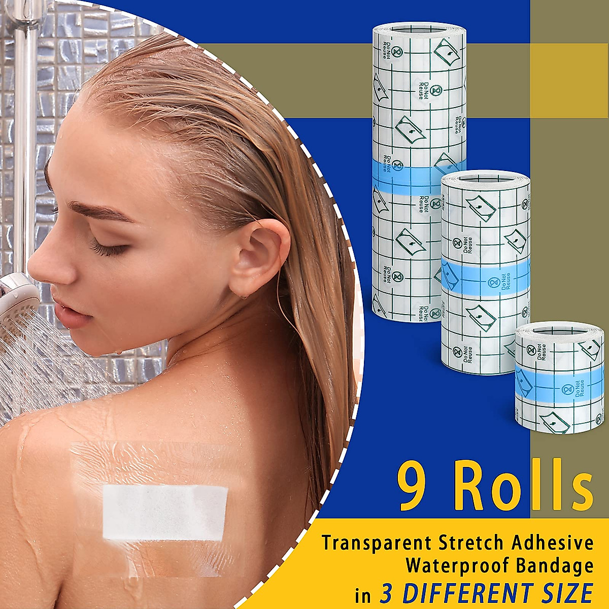 9 Rolls Waterproof Bandages Transparent Film Dressing Clear Adhesive Dressing Tape for Shower, 3 Sizes (2 Inch, 4 Inch, 6 Inch Wide)