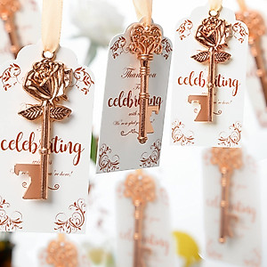 60 Pieces Key Bottle Opener with 60 Pieces Tag Rose Gold Skeleton Key Bottle Opener 4 Styles Include Crown, Heart, Sun Flower and Rose with 6 Rolls Ribbons for Wedding Bridal Shower Party Favor Gifts