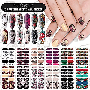 Maitys 168 Pieces Halloween Skull Full Wrap Nail Stickers DIY Gothic Nail Polish Strips Stickers Self Adhesive Full Wraps with Nail File for Halloween Party Decor(Skeleton Style)