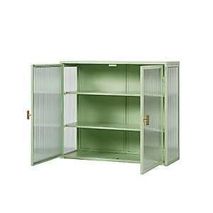 SPOFLYINN Removable Wooden Wall Cabinet Double Windowpane Glass Doors Bathroom Wall Cabinet Over The Toilet Adjustable Shelves Green Iron+Tempered Glass 1 PHO_10ZU Rectangular