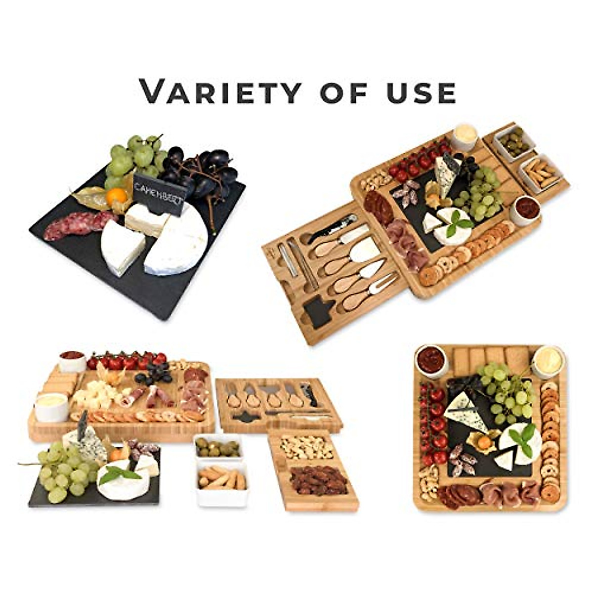 Bamboo Cheese Board and Knife Set Ceramic Bowls Wine Opener - 100% Organic Wood Serving Tray Charcuterie Board Perfect Choice for Gourmets, Birthday Presents, Wedding Gifts, Mothers & Housewarming