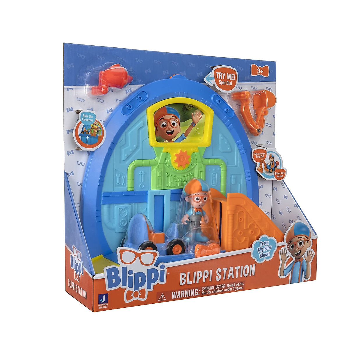 Blippi Wonders Station Playset - Explore Includes One Station Playset with 1 Figure, 1 BlippiMobile, 2 Vehicle Add-Ons,Blue / Orange