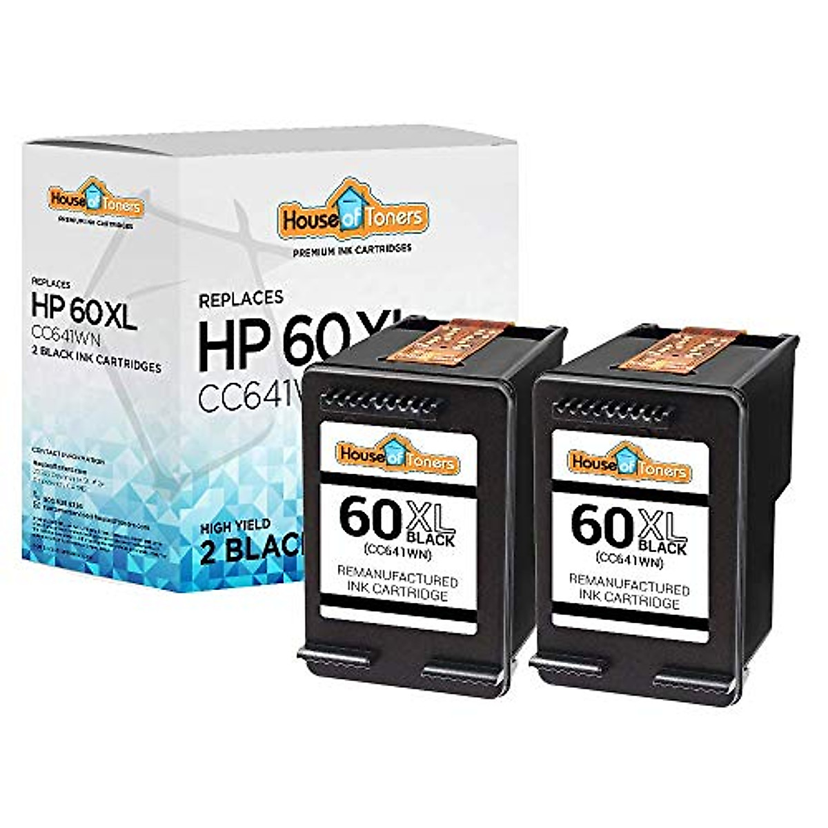 Houseoftoners Remanufactured Ink Cartridge for HP 60XL for HP PhotoSmart C4780 C4795 C4680 C4650 D110 D110a DeskJet F4480 F4280 F4580 D2530 D2545 D2680 (2 Black) [Does Not Read Ink Level]
