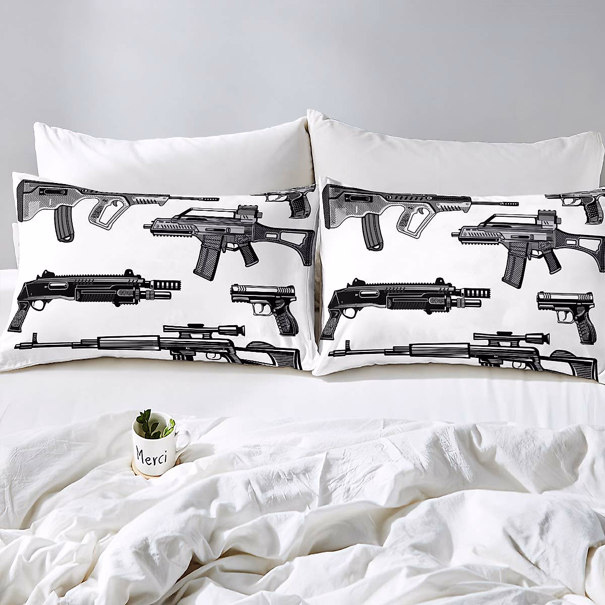Feelyou Guns Bedding Set Firearms Ammunition Duvet Cover Set for Kids Boys Teens Submachine Gun Sniper Rifle Comforter Cover War Theme Quilt Cover Bedroom Collection 3Pcs King Size