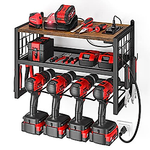 Power Tool Organizer with Power Strip - Garage Organization and Storage Built in 3 AC Outlets | Drill Holder Wall Mount | Drill Charging Station for Garage, Workshop