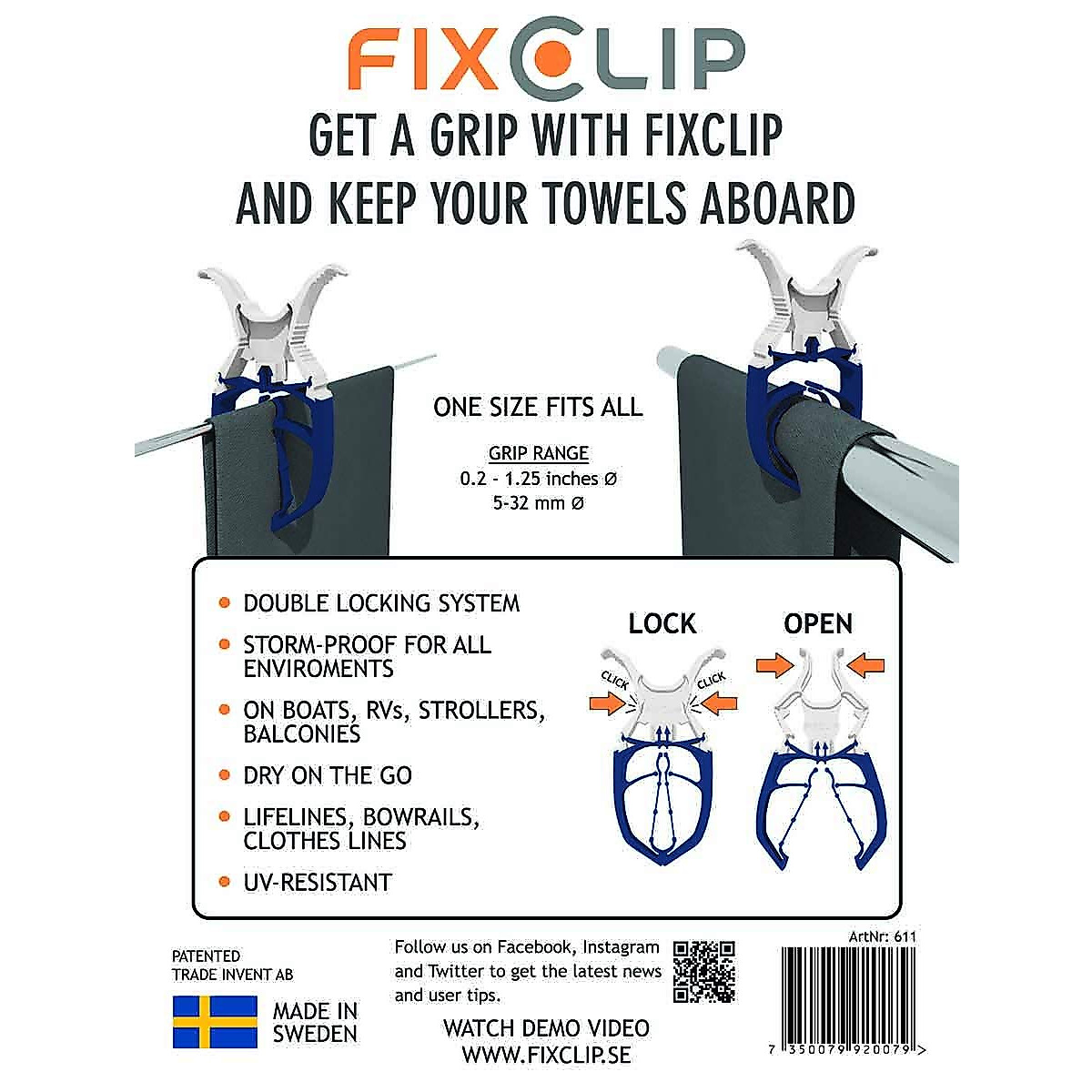 FIXCLIP Navy Blue 6-Pack - Storm Proof & Lockable Clothespin - Large Clips fits Lines & Rails - Multi- Purpose Towel Clips for Boat, Chairs, RV, Camping, Fishing, Stroller, Balcony, Tarps, Garden